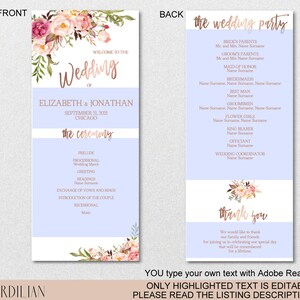 Blush Rose Gold Wedding Program Printable Template Watercolor Wedding ...