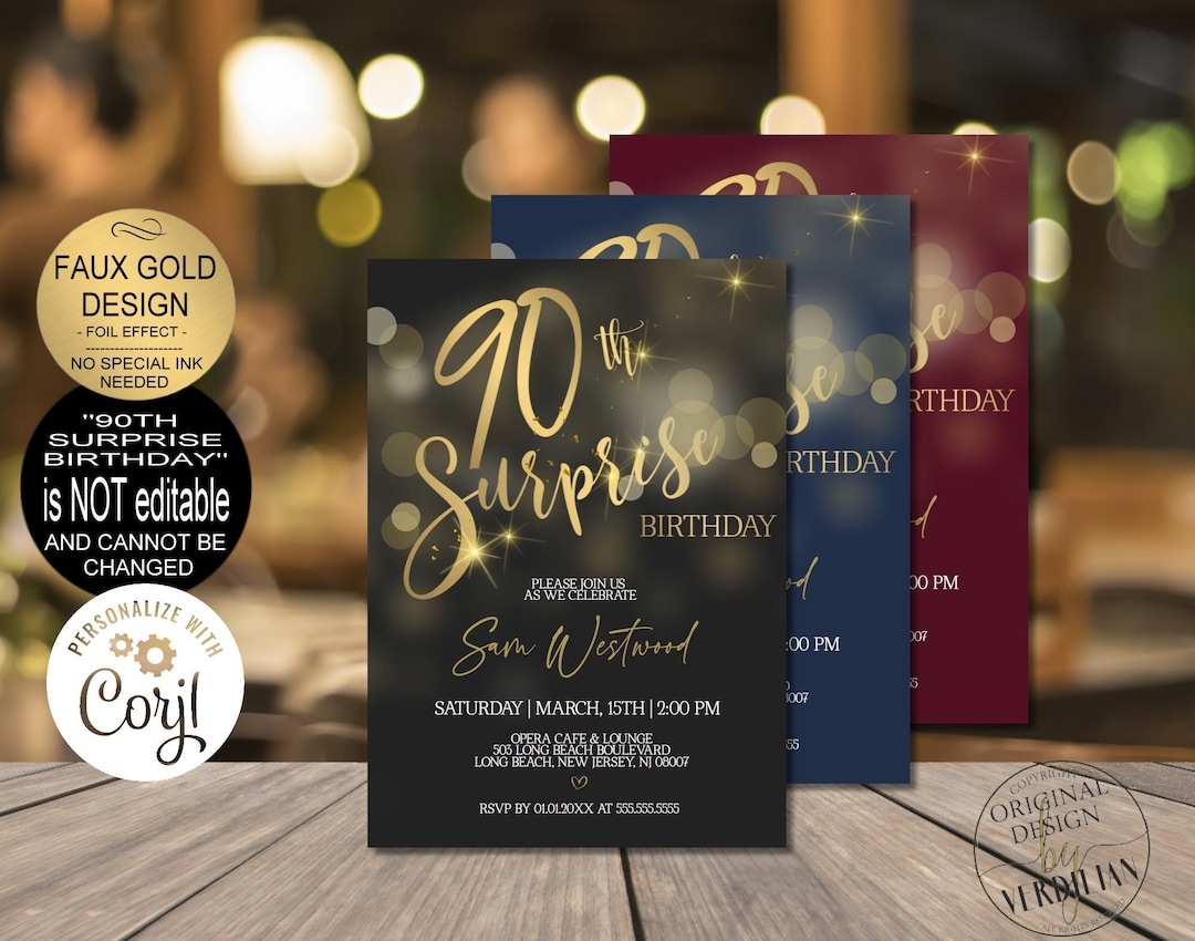 90th Birthday Invitation, Surprise Birthday Black and Gold Surprise ...