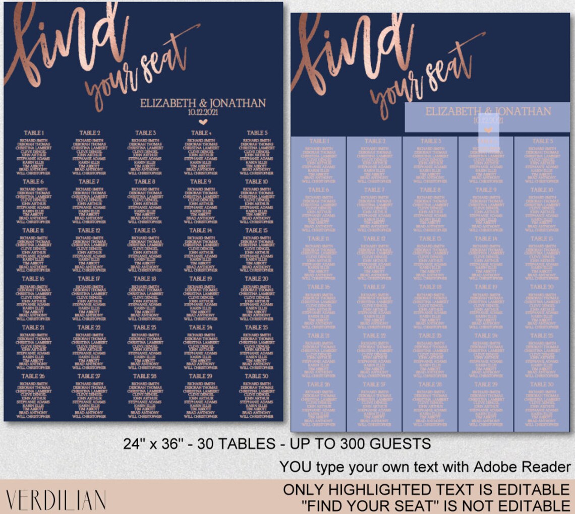 Navy Rose Gold Wedding Seating Chart Printable Template9 | Etsy