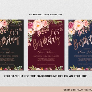 65th Birthday Invitation for Women, Digital Blush Pink Rose Gold Floral ...