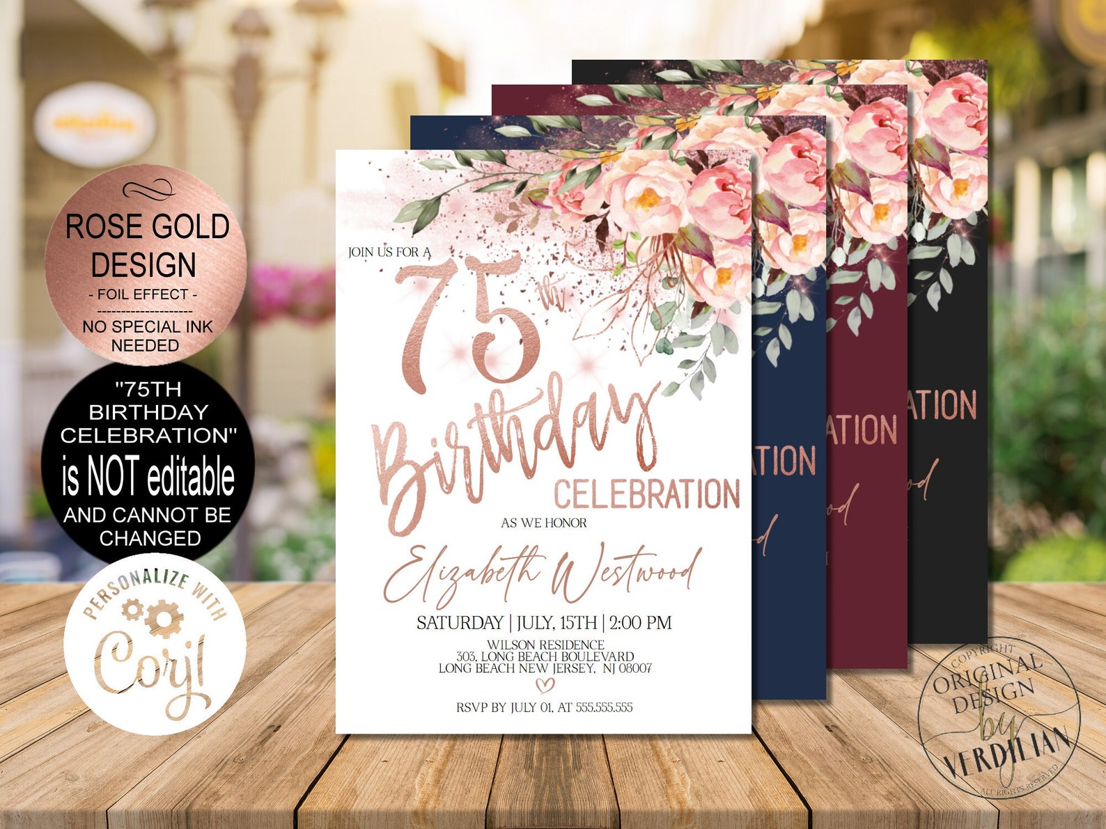 75th Birthday Invitations for Women, Digital Rose Gold Floral 75th ...