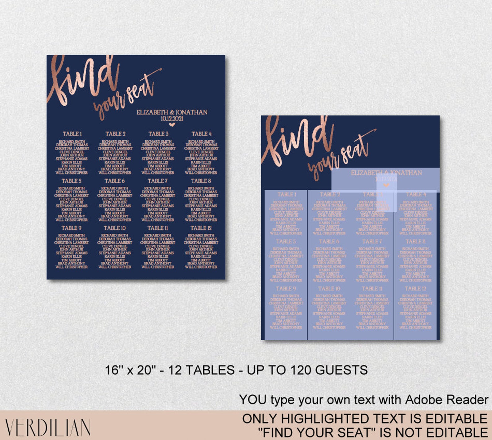 Navy Rose Gold Wedding Seating Chart Printable Template9 | Etsy
