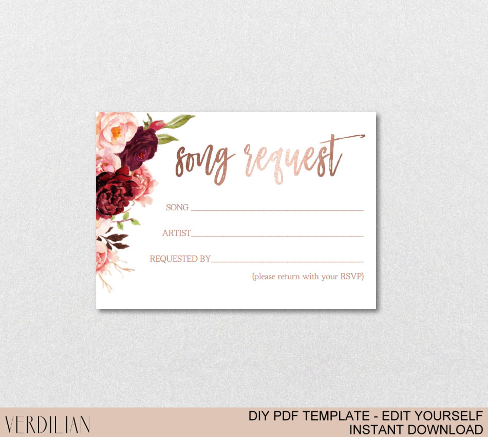 Song Request Card Printable Template Marsala Rose Gold - Etsy