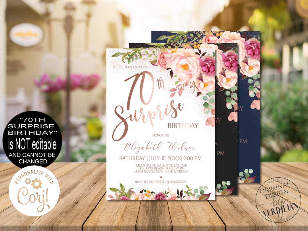 Surprise 70th Birthday Invitations for Women, Rose Gold Floral Surprise ...