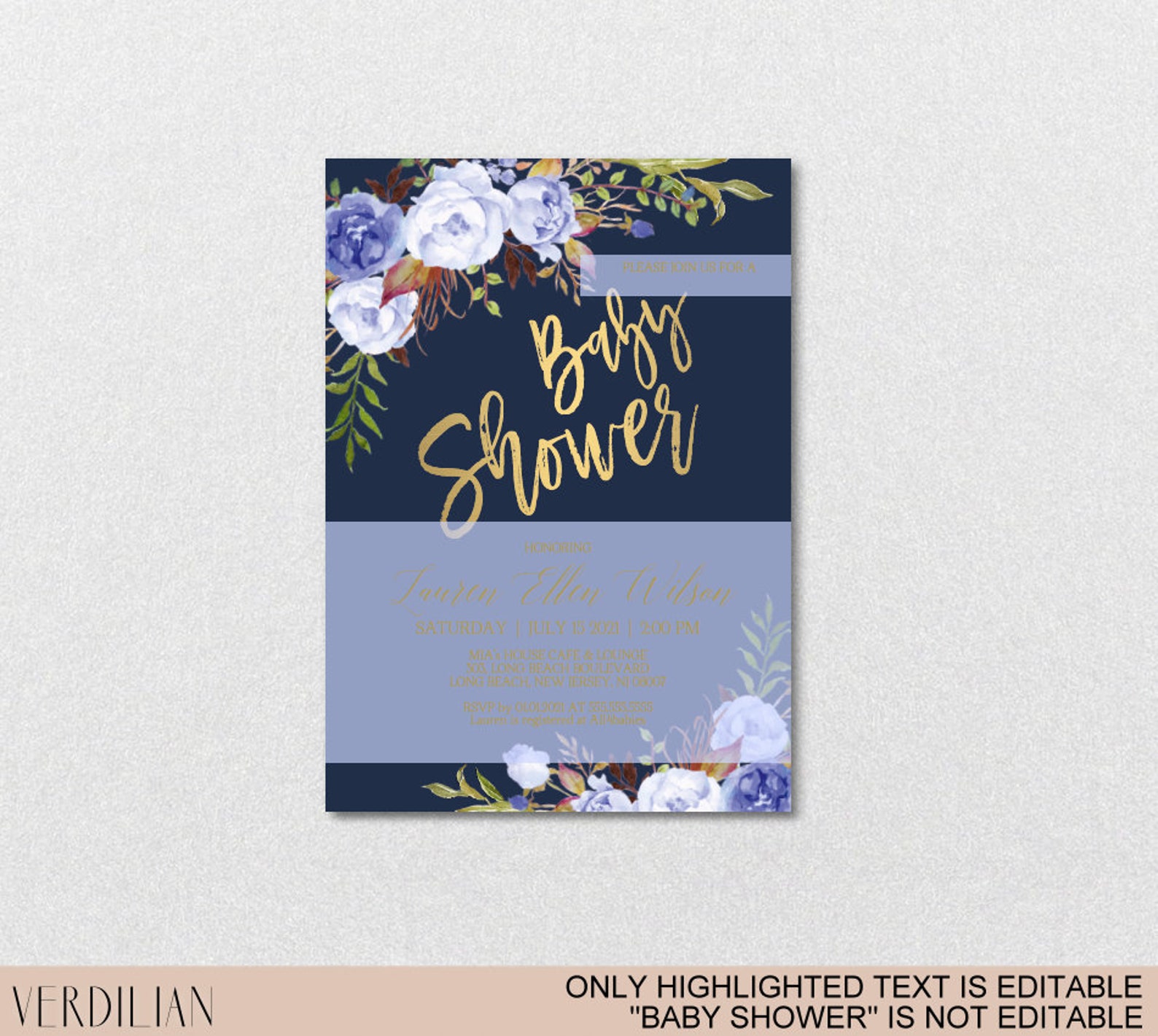 DIY Blue Gold Floral Baby Shower Invitation Template Blue - Etsy