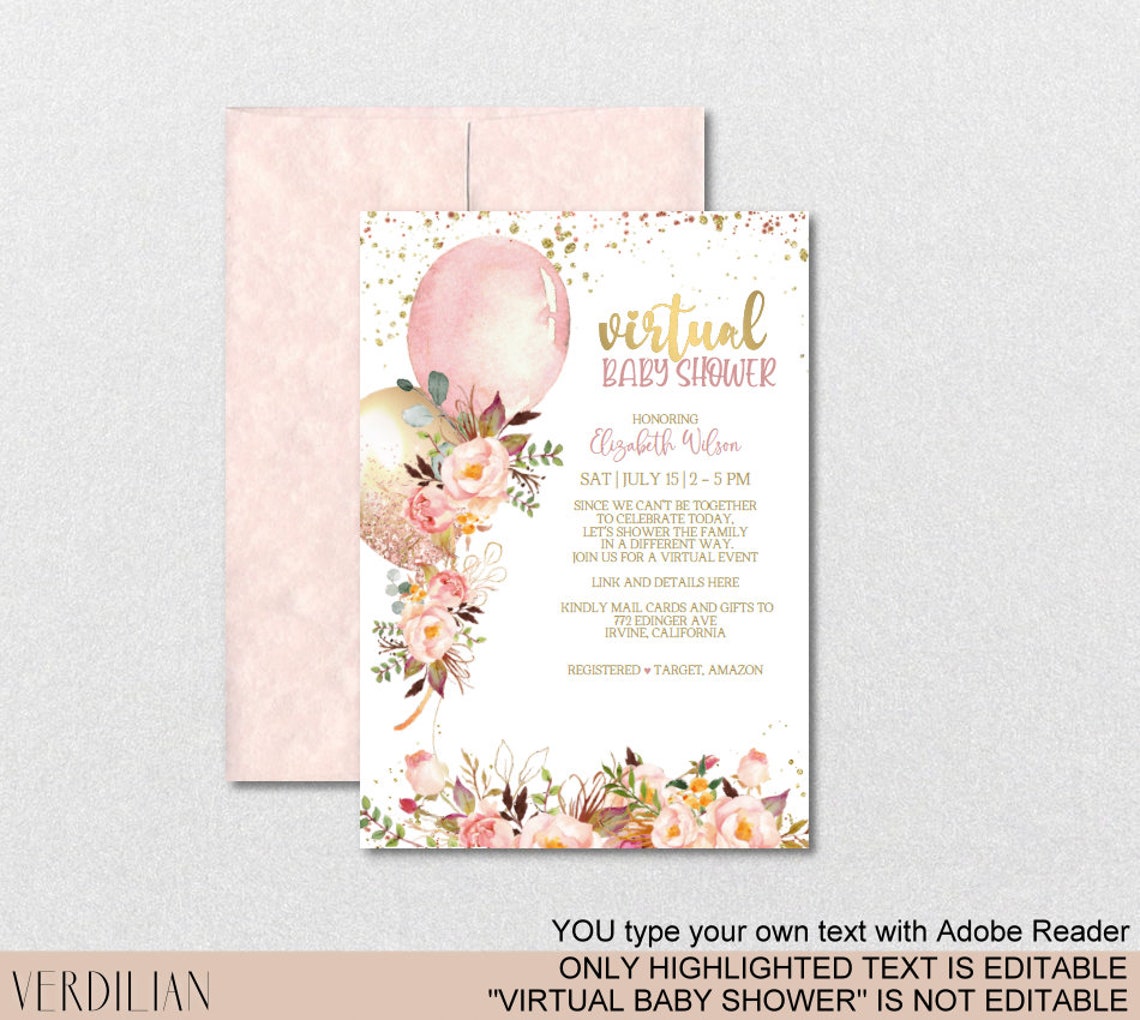 Virtual Baby Shower Invitation Template Pink and Gold | Etsy