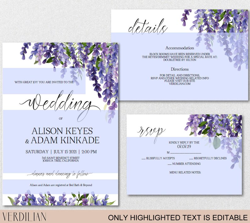 Lavender Wedding Invitation Template Set-Purple Flowers | Etsy