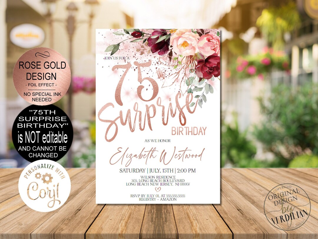 Surprise 75th Birthday Invitations for Women Burgundy Rose Gold ...