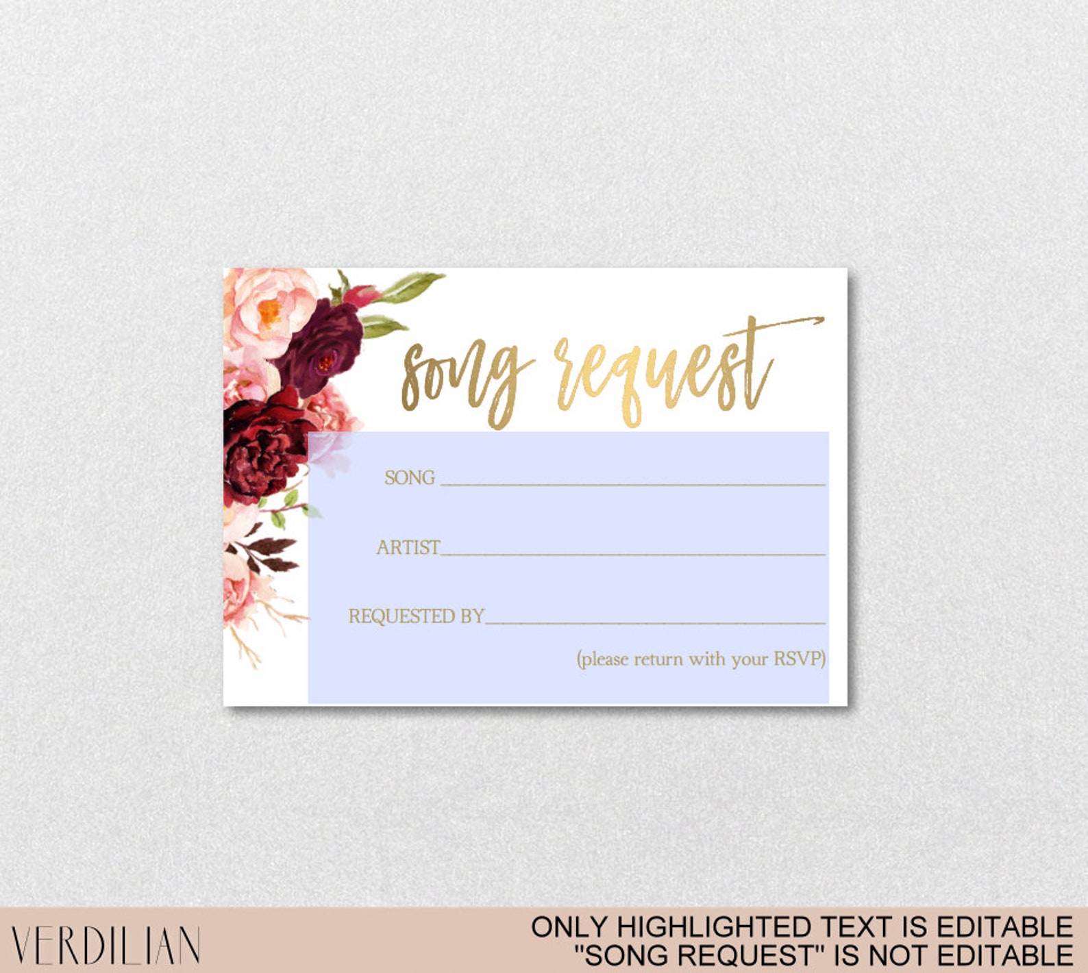 Song Request Card Printable Template Marsala Rose Gold - Etsy