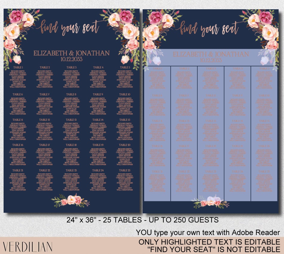 Pink Navy Rose Gold Wedding Seating Chart Printable Template6 - Etsy