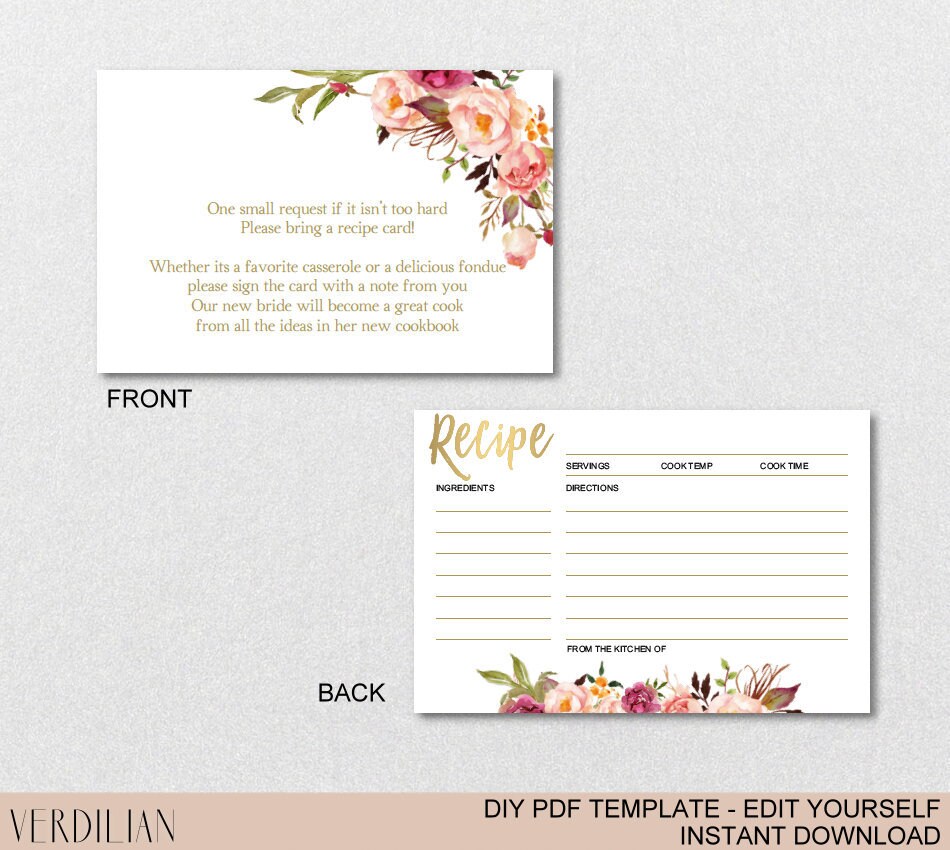 Printable Recipe Card 4x6 Printable Card Bridal Shower | Etsy