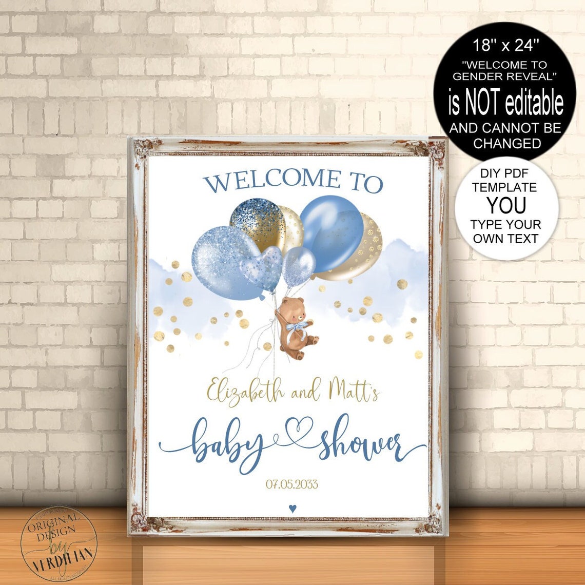 Teddy Bear Blue Gold Baby Shower Welcome Sign Template - Etsy