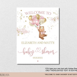 Editable Teddy Bear Baby Shower Welcome Sign Template, Pink Gold Girl ...