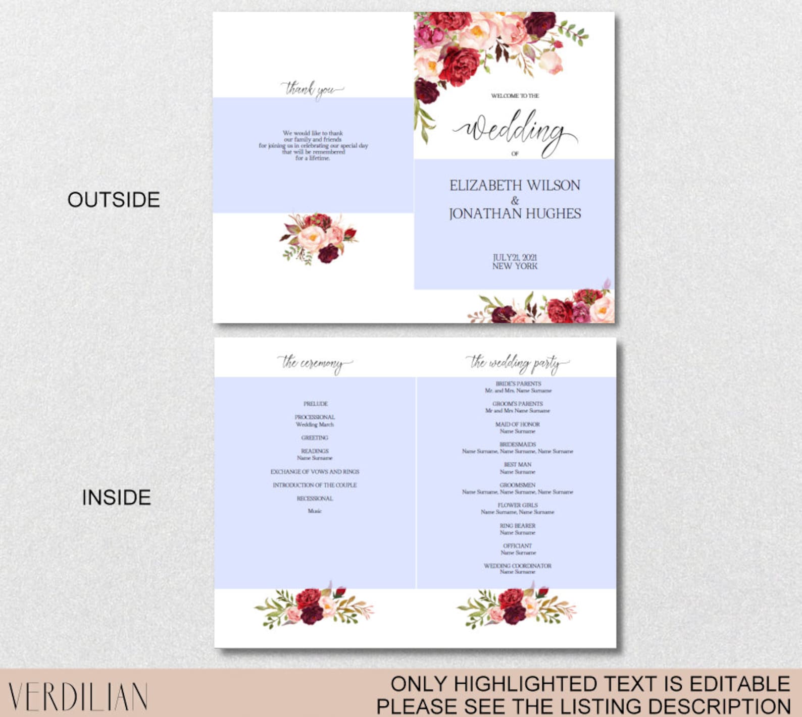 Folded Wedding Program Template Wedding Program Printable - Etsy