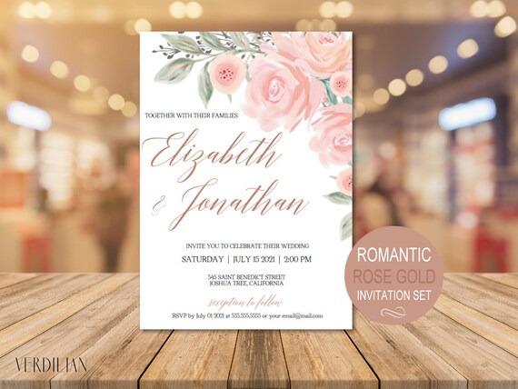 Romantic Blush Rose Gold Wedding Invitation Template | Etsy