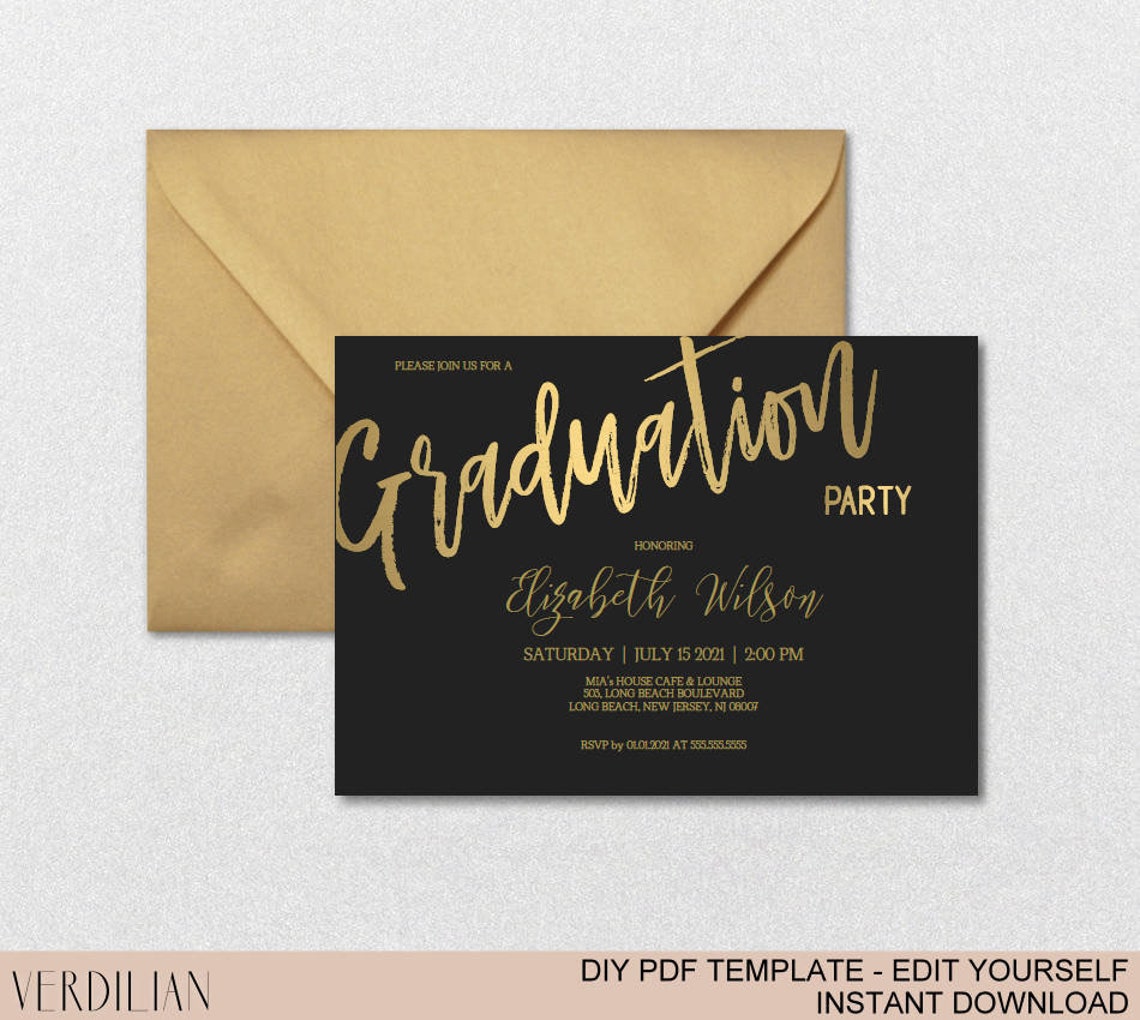 Graduation Party Invitation Printable Template Black Gold | Etsy