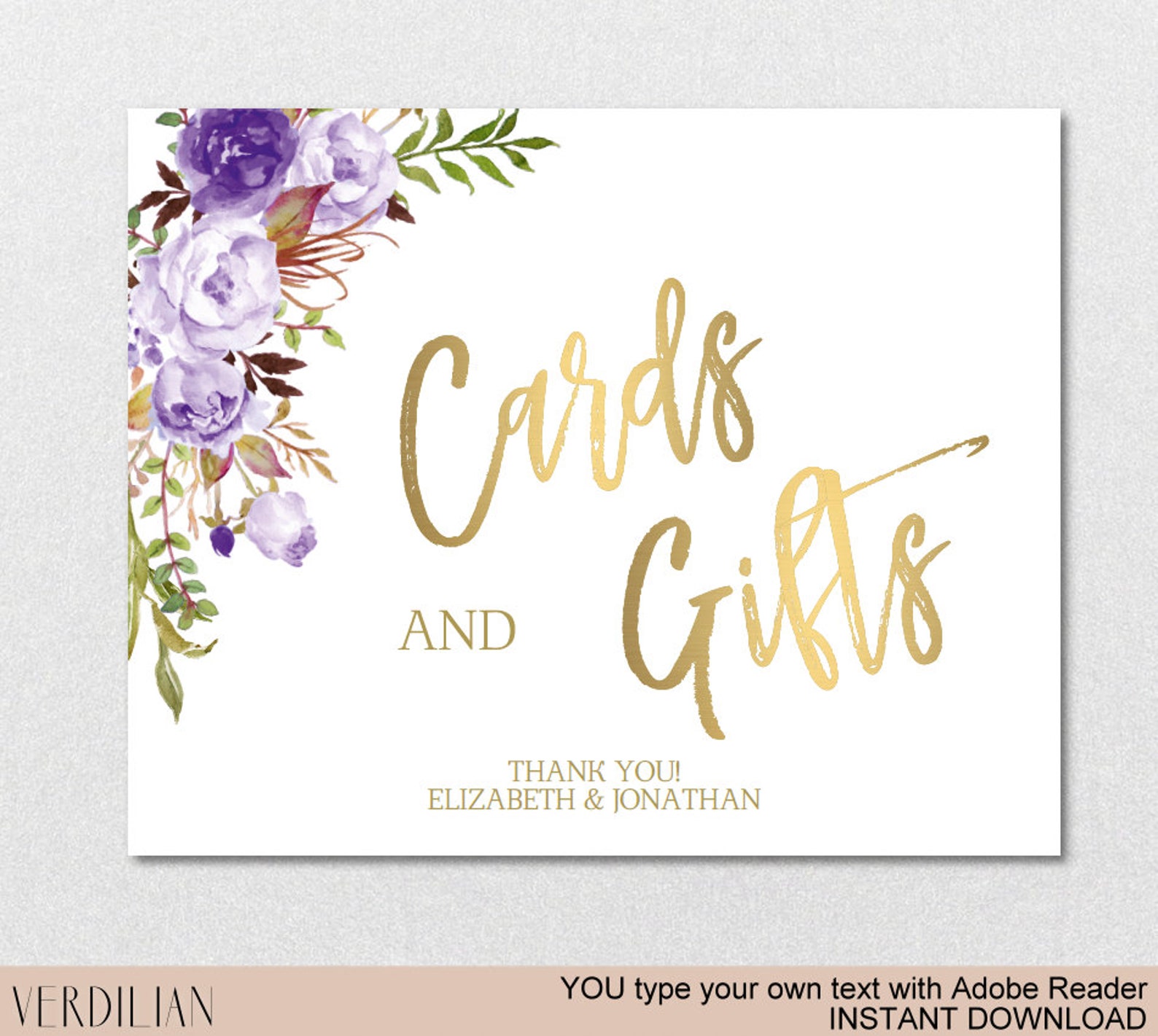 Cards and Gifts Sign Printable Template Purple Gift Table | Etsy
