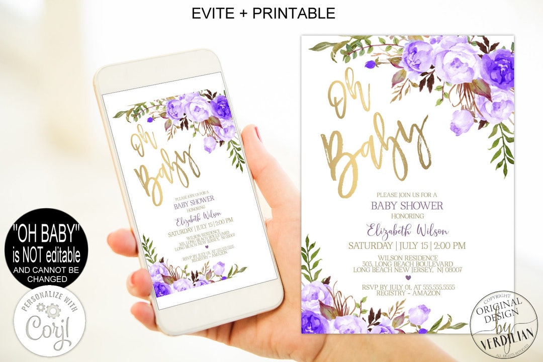 Purple Baby Shower Invitation Template, Purple Gold Floral Baby Shower Invite, Oh Baby ...