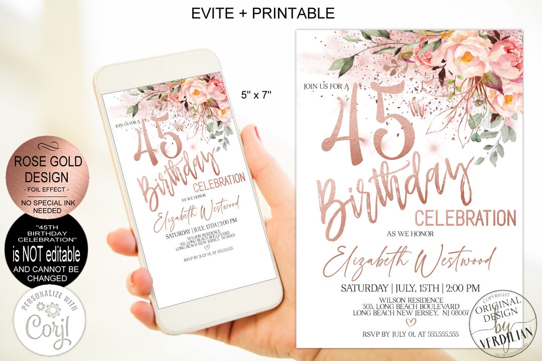 45th Birthday Invitations for Women, Digital Rose Gold Floral 45th ...