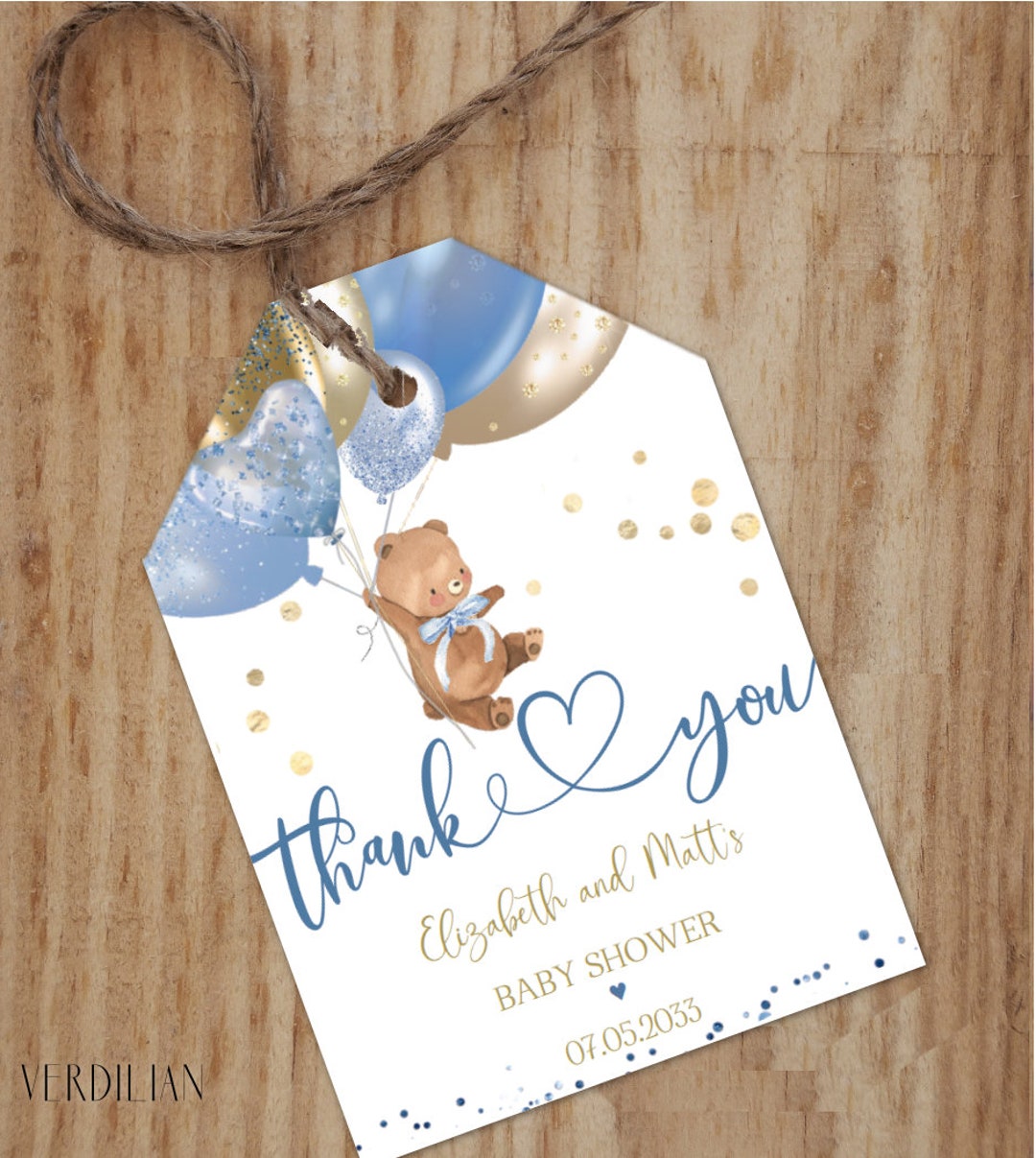 DIY Favor Tags PDF Template, Teddy Bear Blue Gold Thank You Tag Bearly ...