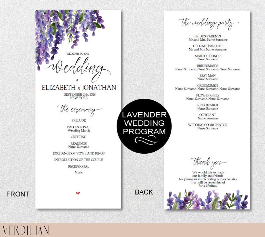 Lavender Wedding Program Printable, Wedding Program Template Rustic ...