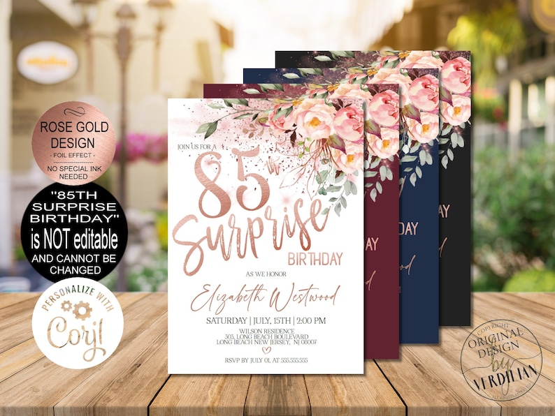 Surprise 85th Birthday Invitations for Women Rose Gold Floral - Etsy