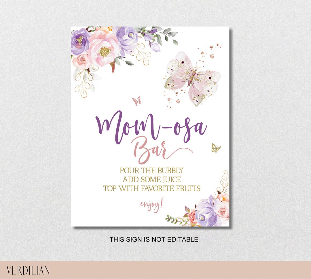 Mimosa Bar Sign Printable, Mom-osa Butterfly Pink Purple Bubbly Bar ...