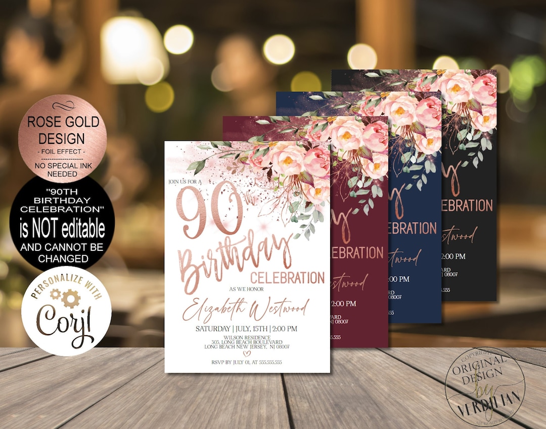 90th Birthday Invitations for Women, Digital Rose Gold Floral 90th ...