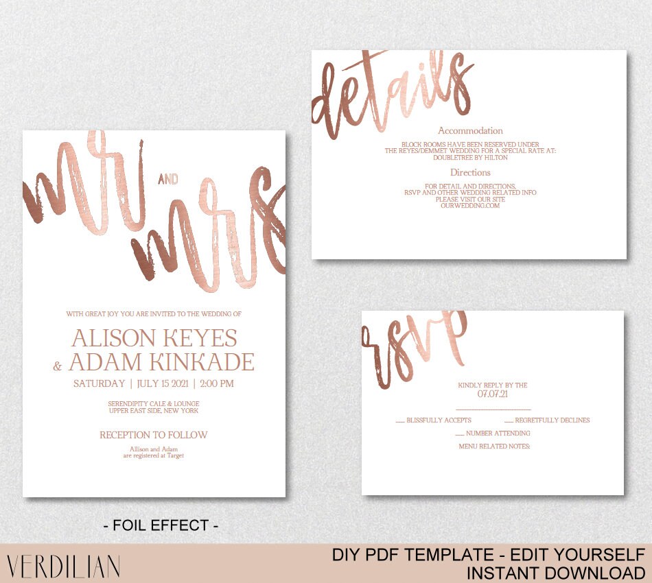 Rose Gold Wedding Invitation Template Set DIY Printable - Etsy
