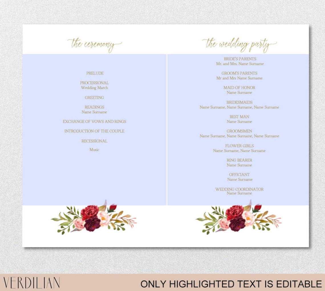 Folded Wedding Program Template Wedding Program Printable - Etsy