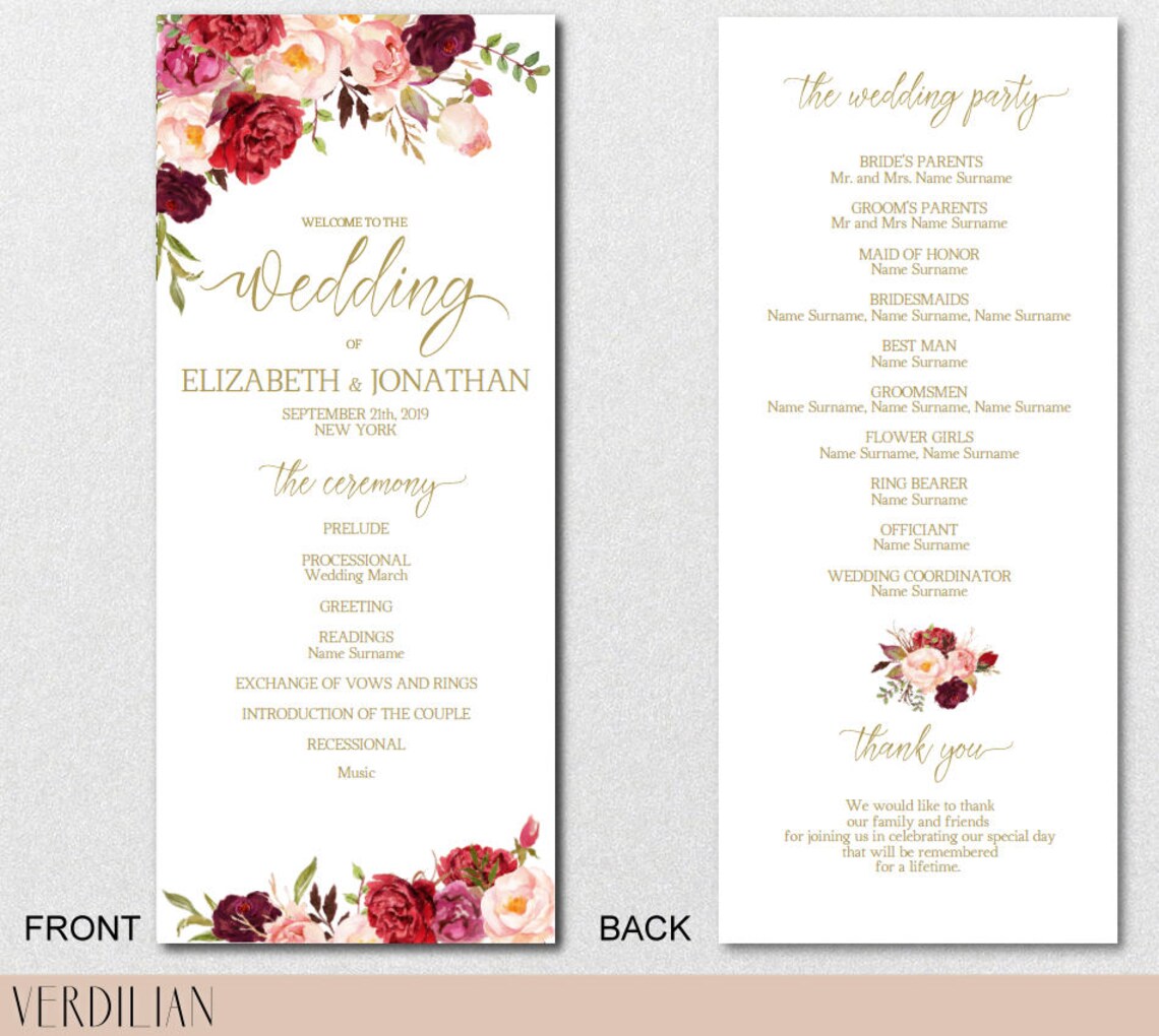 Wedding Program Printable Wedding Program Template Floral - Etsy