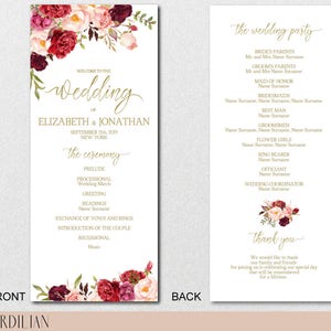 Wedding Program Printable, Wedding Program Template Floral Burgundy ...