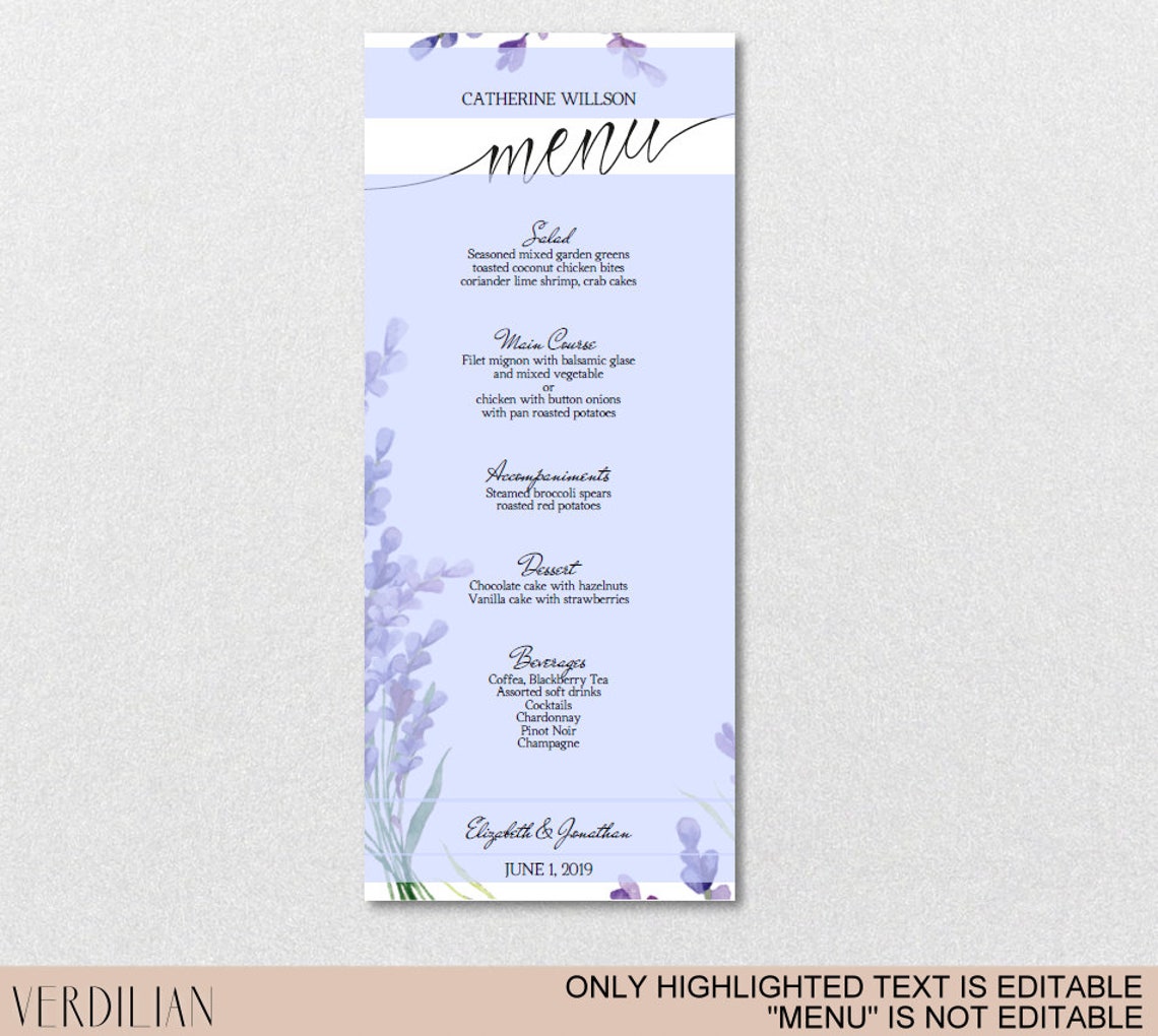 Lavender Wedding Menu Template Wedding Watercolor Printable - Etsy