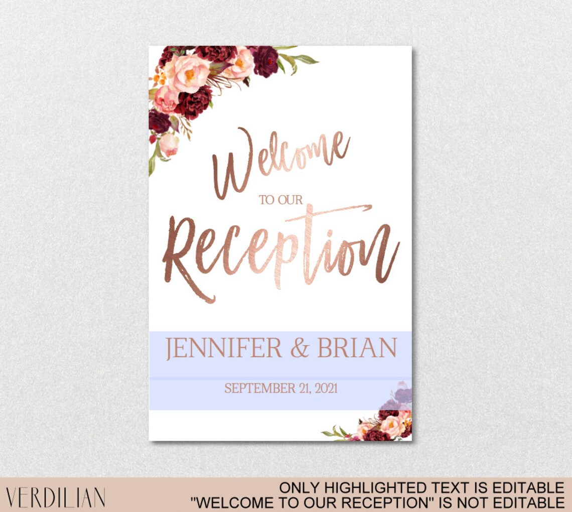 Marsala Reception Welcome Sign Template Wedding Reception - Etsy