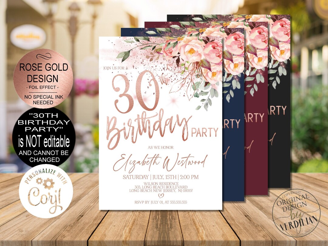 30th Birthday Invitations for Women, Digital Rose Gold Floral 30th ...
