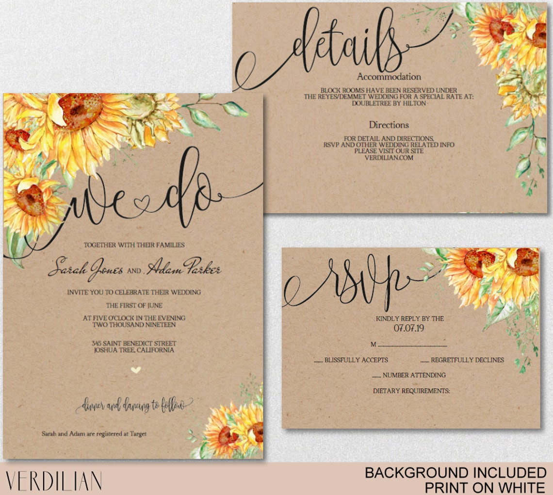 Sunflower Wedding Invitation Template Printable Wedding | Etsy