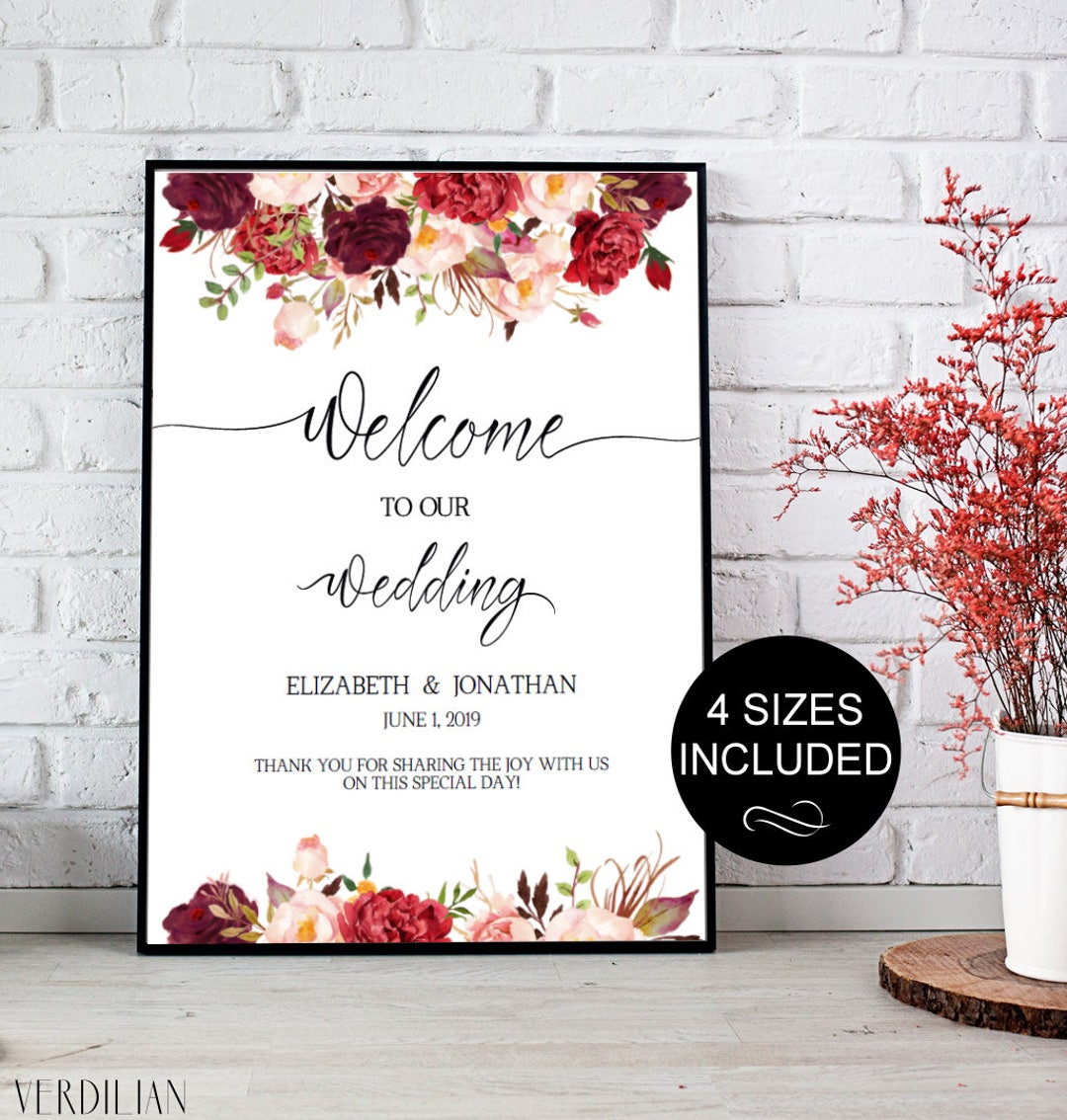 Wedding Welcome Sign Template Wedding Reception Greet Guests Burgundy ...