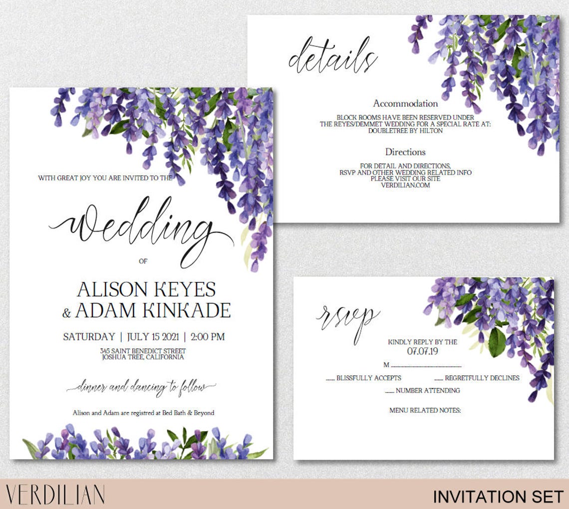 Lavender Wedding Invitation Template Set-purple Flowers - Etsy