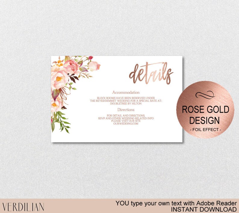 Blush Floral Details Card Editable Template Rose Gold - Etsy