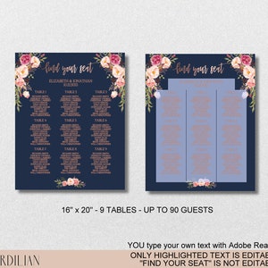 Pink Navy Rose Gold Wedding Seating Chart Printable Template,6 Versions ...