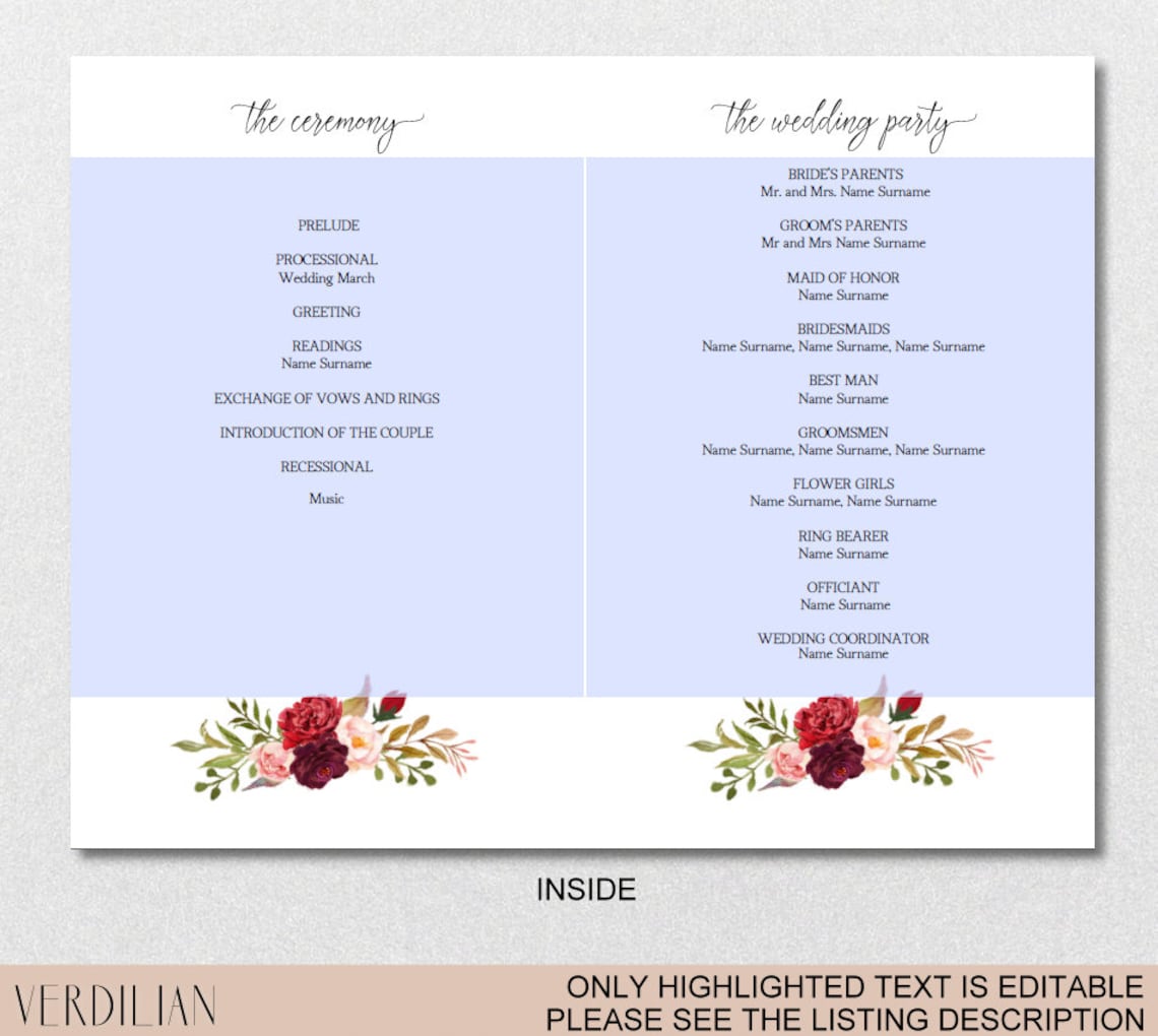 Folded Wedding Program Template Wedding Program Printable - Etsy