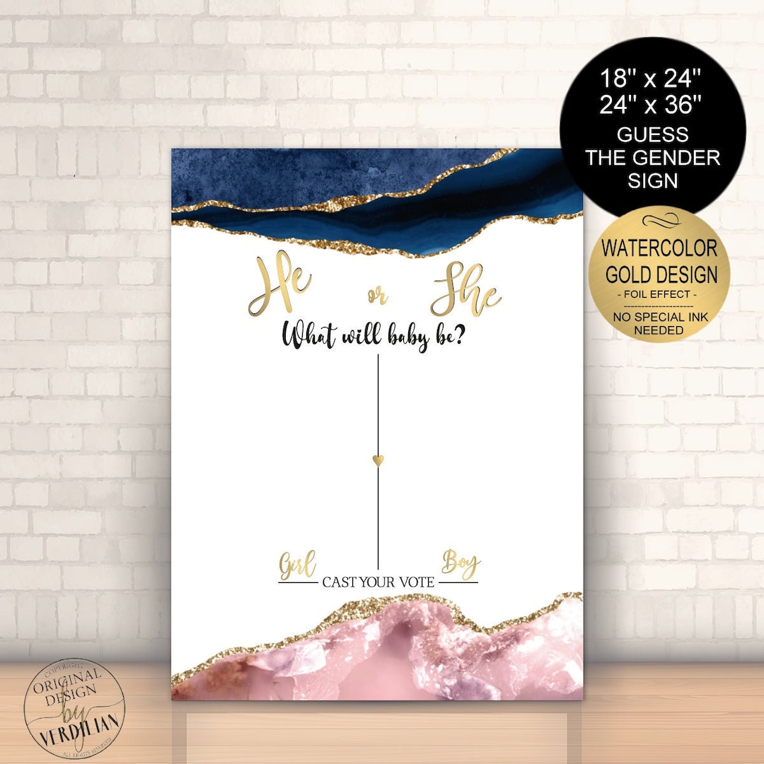 Watercolor Pink Navy Guess the Gender Sign Template, Gold Boy Girl ...