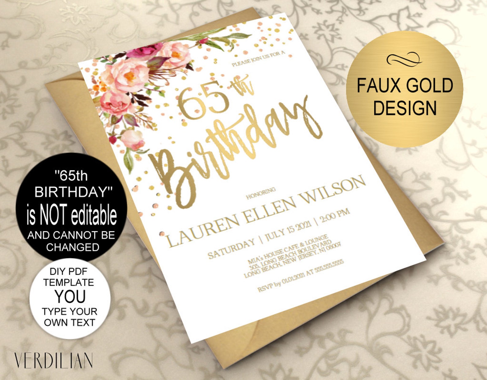 65th Birthday Invitation Blush Gold Floral Birthday Party | Etsy