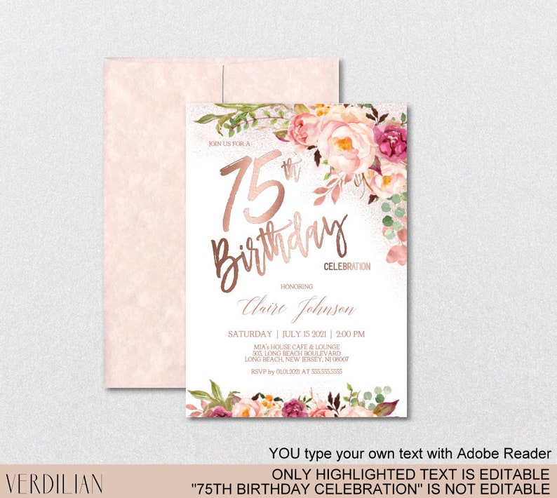 Diy 75th Birthday Invitation Template Blush Rose Gold Floral Etsy