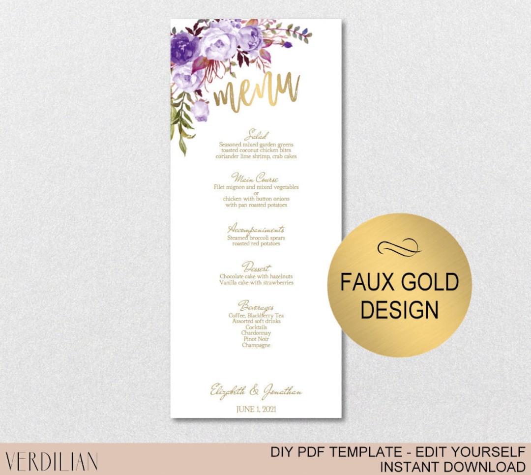 Lavender Wedding Menu Template Wedding Watercolor Printable - Etsy