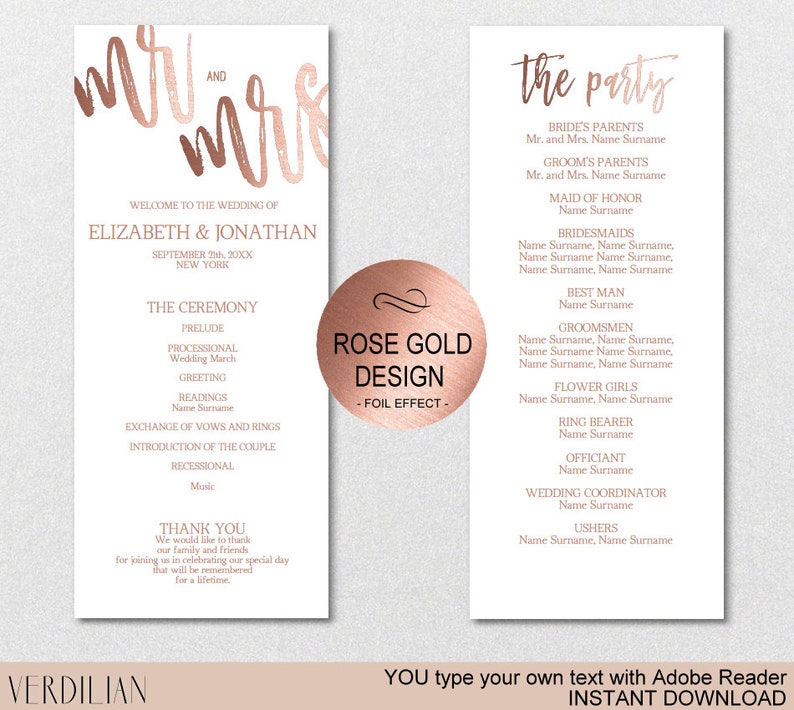 Wedding Program Printable Rose Gold Wedding Program Template | Etsy