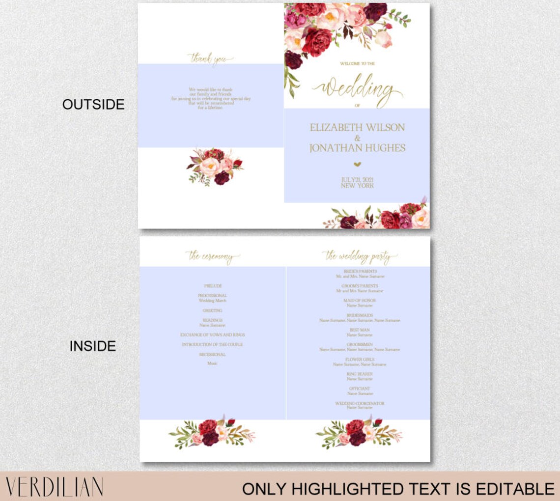 Folded Wedding Program Template Wedding Program Printable - Etsy