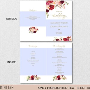Folded Wedding Program Template, Wedding Program Printable Floral ...
