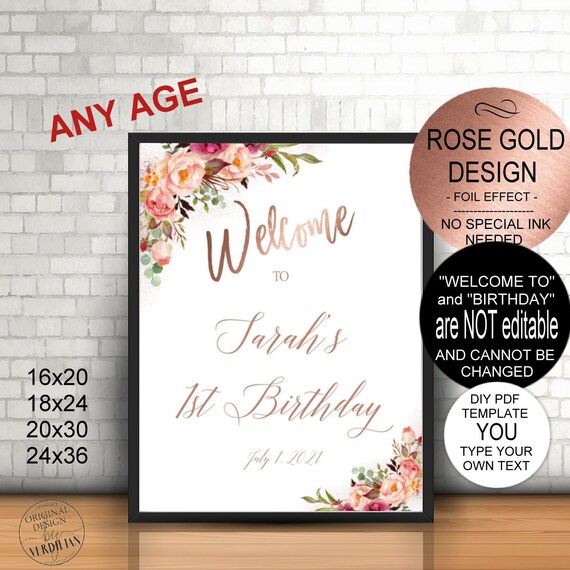 DIY Any Age Rose Gold Birthday Welcome Sign Reception Greet | Etsy