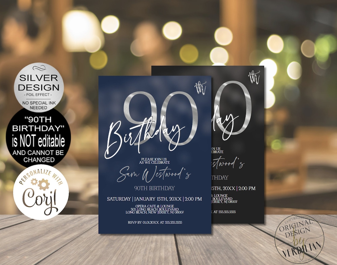 90th Birthday Invitation for Men Silver 90th Birthday Party Invitation ...